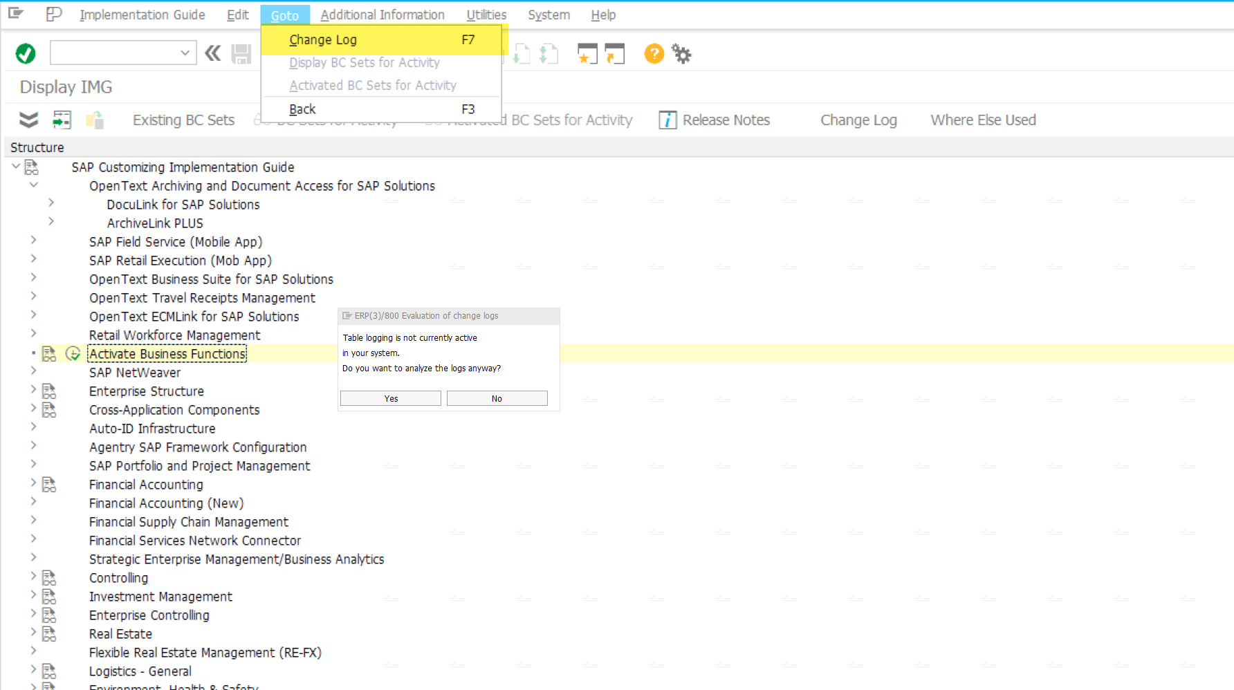 Activating Table Change Logs in the System. Transaction SCU3